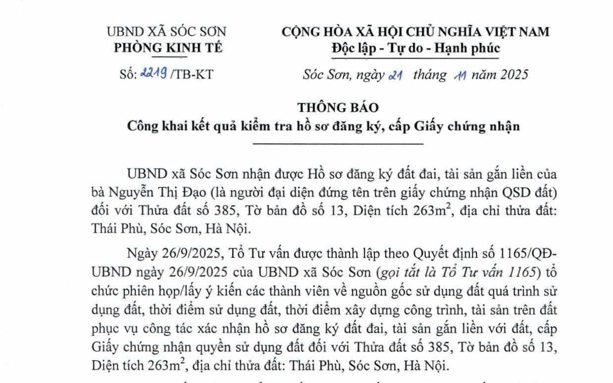 THÔNG BÁO CÔNG KHAI KẾT QUẢ KIỂM TRA HỒ SƠ ĐĂNG KÝ CẤP GCN QSD ĐẤT