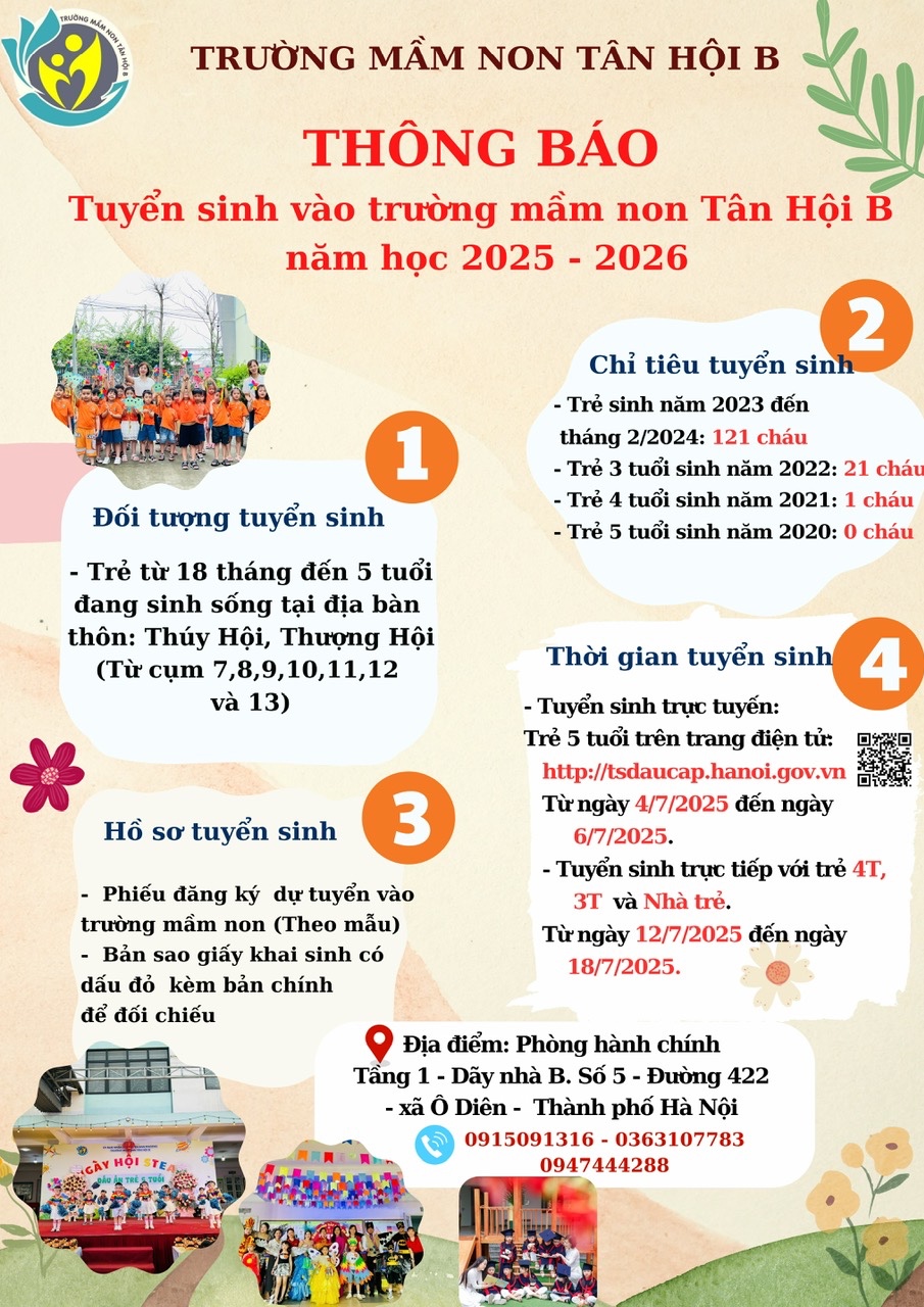 Thông báo tuyển sinh vào trường Mầm non Tân Hội B năm học 2025 - 2026