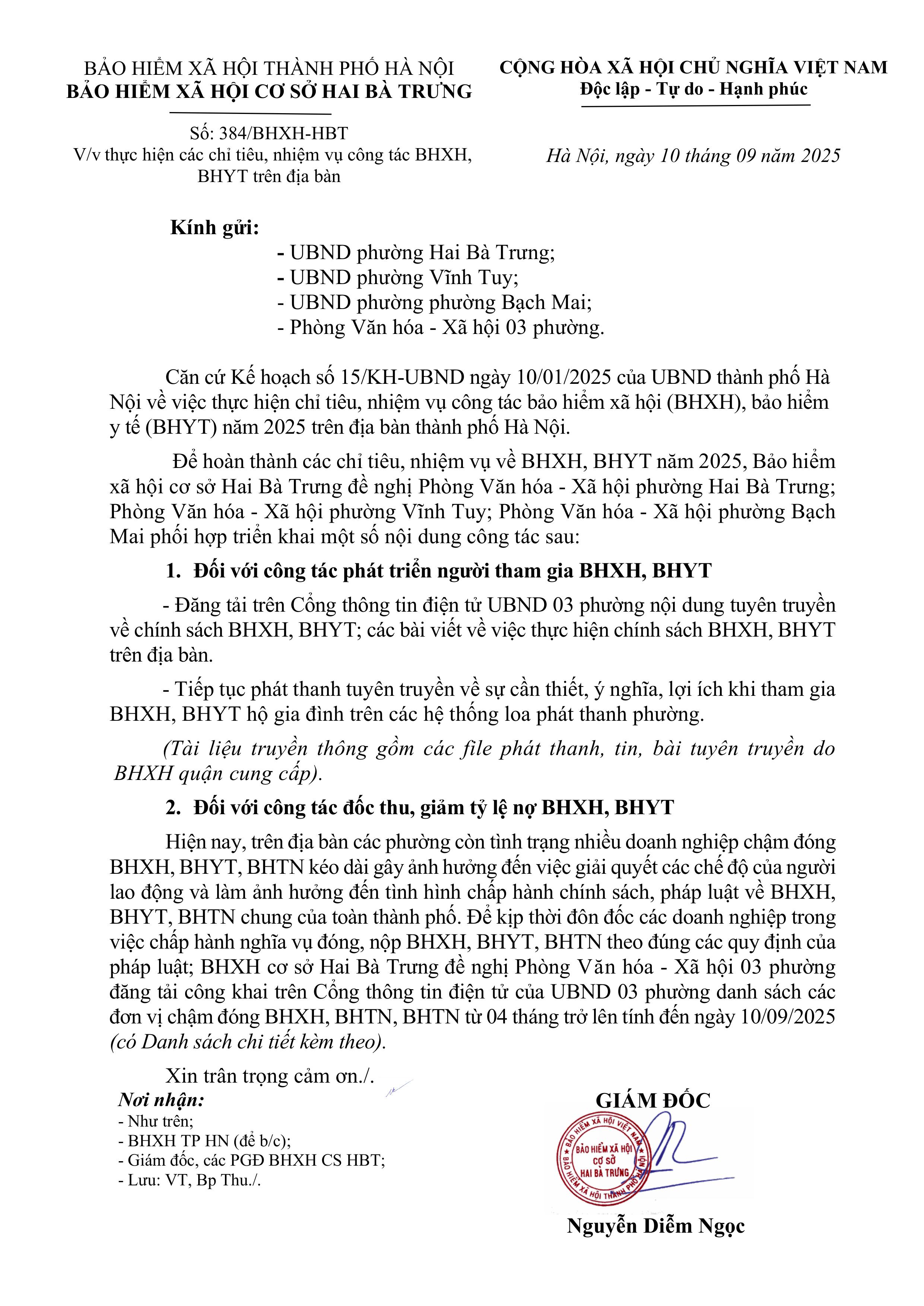 Công văn số 384/BHXH-HBT ngày 10/9/2025 của Bảo hiểm xã hội cơ sở Hai Bà Trưng