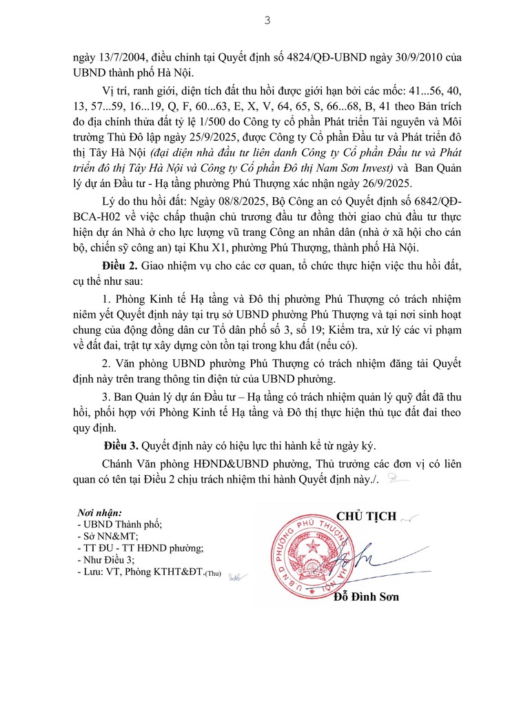 QUYẾT ĐỊNH VỀ VIỆC THU HỒI 16.344,6M2 ĐẤT TẠI KHU X1